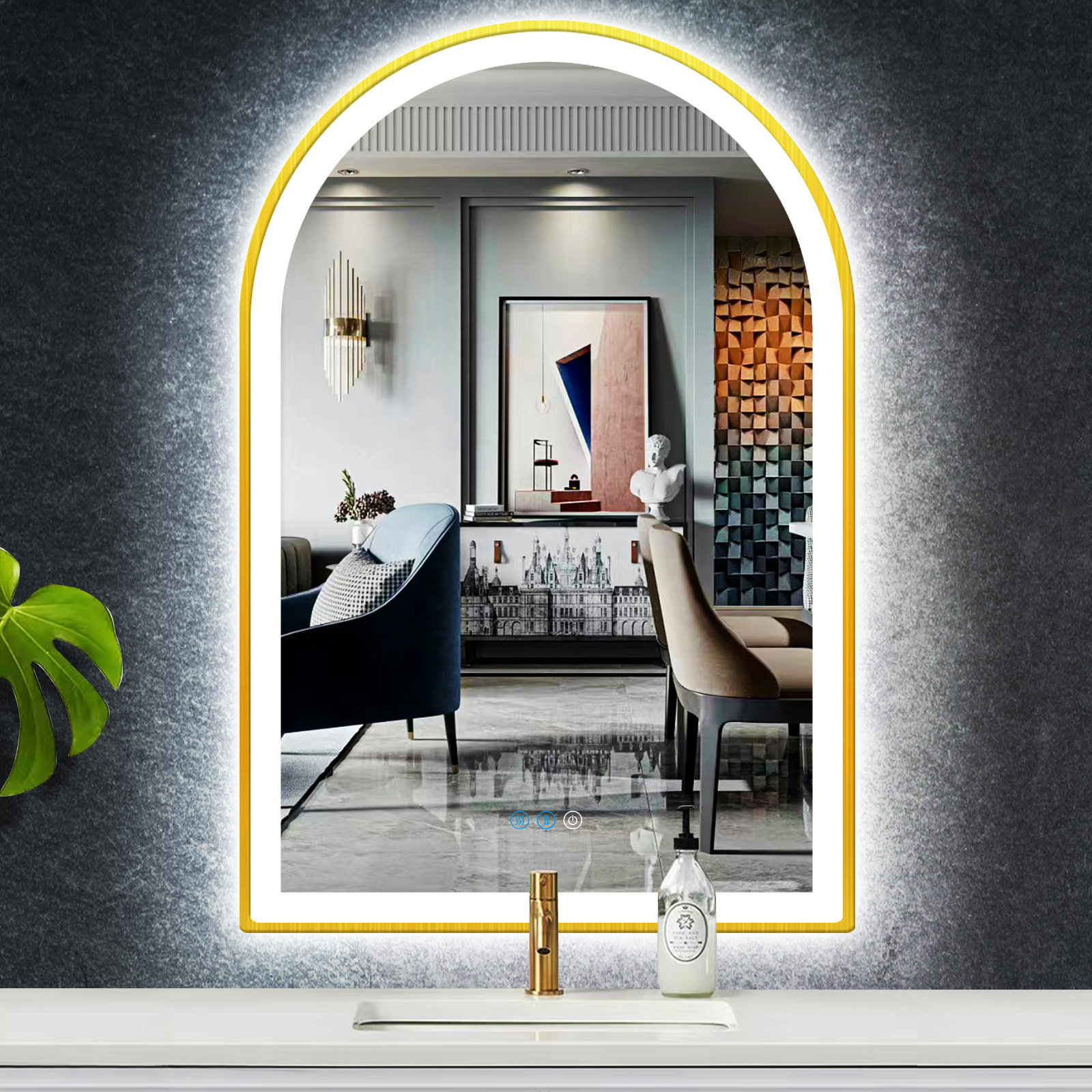 Mercer41 24X36 Inch Gold Bathroom Arch Vanity Mirror With Light Gold Frame Arch Led Mirror For ...